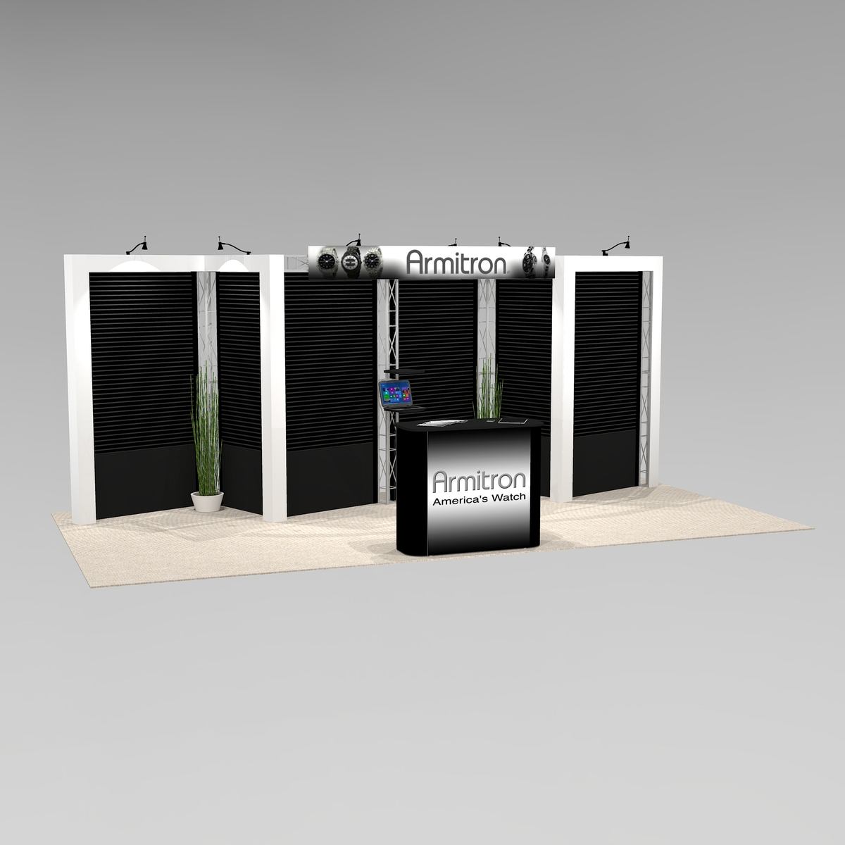 20′ Truss Trade Show Exhibit with Back Wall Stair step Design